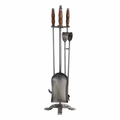 Hand Turned Fire Companion Set in Antique Pewter with Wooden Handles ...
