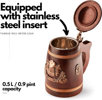Handcrafted Oak Wooden Tankard Mug with Lid - Unique Viking Style Stein ...