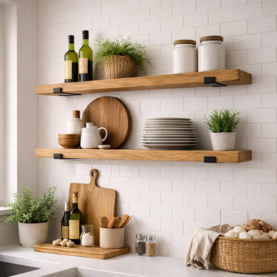 Handcrafted Rustic Wooden Wall-Mounted Floating Shelves with Black L ...