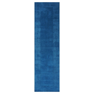 Handloom Plain Carved Border Wool Runner Rugs in Teal Blue - 60x300cm ...