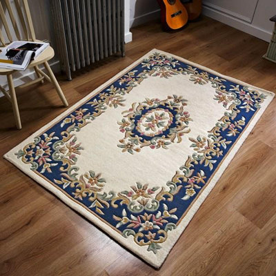Handmade Borderded Floral Easy to Clean Cream Blue Traditional Wool Rug ...