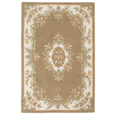 Handmade Bordered Floral Easy to Clean Beige Traditional Wool Rug for Living Room & Bedroom ...
