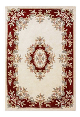 Handmade Bordered Floral Easy to Clean Cream Red Traditional Wool Rug ...