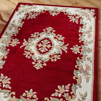 Handmade Bordered Floral Wool Easy to Clean Red Traditional Rug for ...