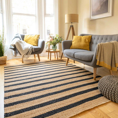 Handwoven Black Striped Natural Jute Area Rug 120x170cm | DIY at B&Q