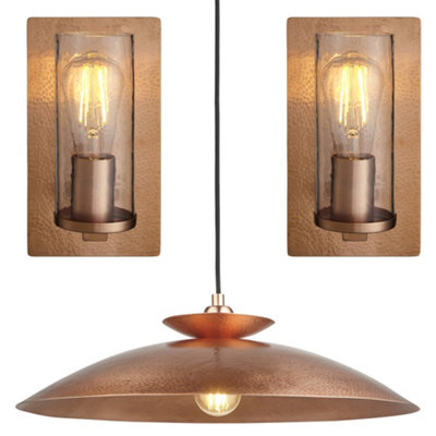 Hanging Ceiling Pendant & 2x Matching Wall Lights - Copper Hammered ...