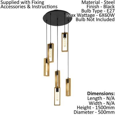 Hanging Ceiling Pendant Light Black & Wood 6 Bulb Multi Lamp Hallway ...