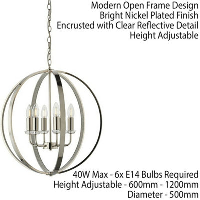 Hanging Ceiling Pendant Light Bright Nickel Globe Shade 6 Bulb Orb Loop ...