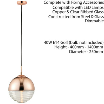 Hanging Ceiling Pendant Light COPPER & RIBBED GLASS Sphere Lamp Bulb ...