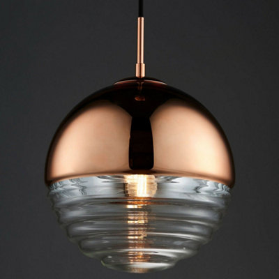 Hanging Ceiling Pendant Light COPPER & RIBBED GLASS Sphere Lamp Bulb ...