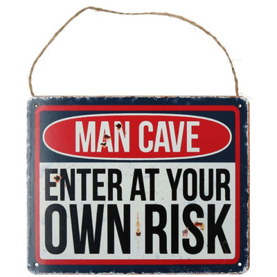 Hanging Man Cave Enter At Own Risk Metal Sign PrePunched Holes 20x25cm