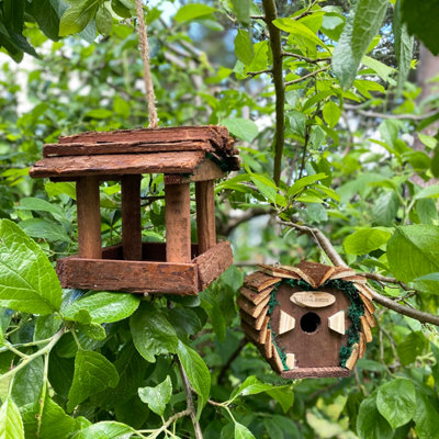 Hanging Wooden Bird Table Feeder & Love Bird Nest Box Set