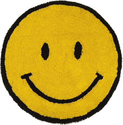 Happy Face Round Bath Mat 100% Cotton Reversible Emoji Yellow Rug 70 x 70cm