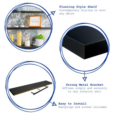 Harbour Housewares Modern Floating Wall Shelves - 100cm - Black - Pack of 6