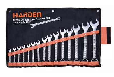 HARDEN 542015, combination spanners set 15pcs sizes 8-32mm , hung pouch bag