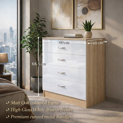 HARMIN HIGH GLOSS WHITE ON SONOMA OAK FRAME 4 DRAWER CHEST