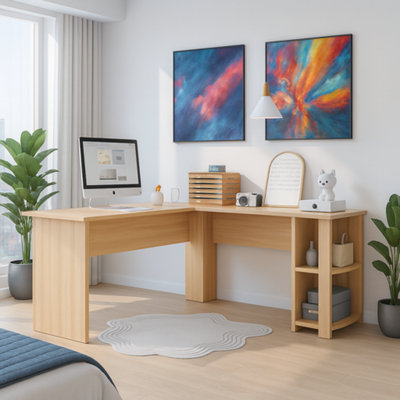 Harmin Natural Oak Coloured Corner Computer Desk - Perfect for Home Office