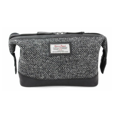 Harris Tweed Travel Wash Bag Leather Trim: Grey Herringbone