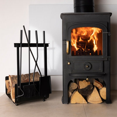 Hazel Log Holder and Fireset Tool Stand Poker Tongs Brush Coal Shovel ...