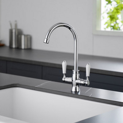 Heable Dual Lever Kitchen Sink Mixer Tap With White And Chrome Finish ...