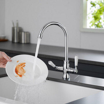 Heable Dual Lever Kitchen Sink Mixer Tap With White And Chrome Finish ...