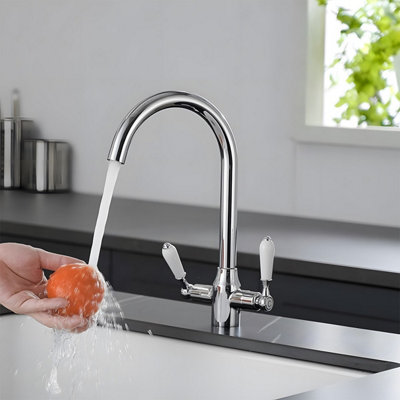 Heable Dual Lever Kitchen Sink Mixer Tap With White Ceramic And Chrome ...