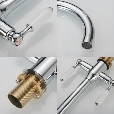 Heable Dual Lever Kitchen Sink Mixer Tap With White Ceramic And Chrome ...