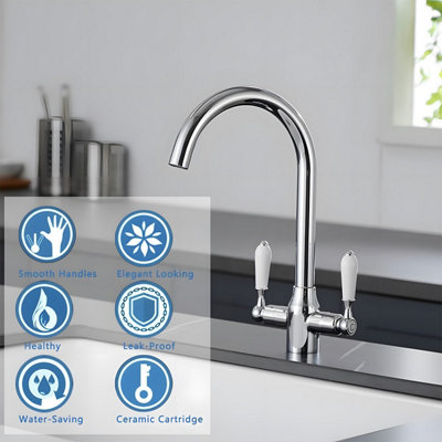 Heable Dual Lever Kitchen Sink Mixer Tap With White Ceramic And Chrome ...