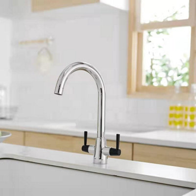 Heable Sleek Black Kitchen Mixer Tap Dual Lever Swivel Spout Chrome ...