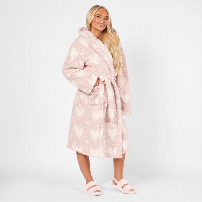 Heart Dressing Gown Soft Teddy Marl Fleece Hooded Robe | DIY at B&Q