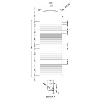 Heated Vertical Towel Rail with Curved Rails - 1126 BTU - 1100mm x ...