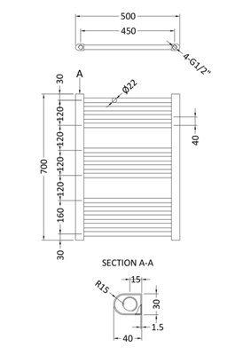 Heated Vertical Towel Rail with Straight Rails - 679 BTU - 700mm x ...