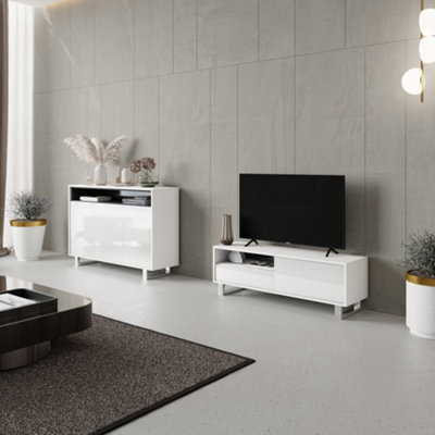 Heaven TV Unit 120cm Minimalist Modern White with High Gloss Doors ...