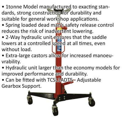 Heavy-Duty 1 Tonne Vertical Transmission Jack with 1950mm Maximum Height