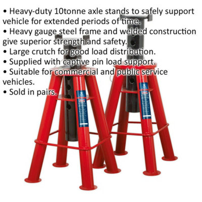 Heavy Duty 10 Tonne Axle Stands - Adjustable Steel Frame 562mm to 775mm