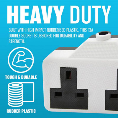 HEAVY DUTY 2 GANG DOUBLE RUBBER EXTENSION SOCKET 13AMP MAINS