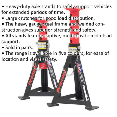 Heavy Duty 3 Tonne Adjustable Axle Stands - Red 290mm to 435mm Height Range