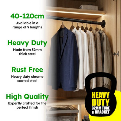 Heavy Duty, 32mm Black Industrial Wardrobe Rail, 50cm Wall Mounted ...
