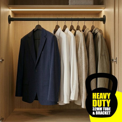 Heavy Duty, 32mm Black Industrial Wardrobe Rail, 80cm Wall Mounted ...