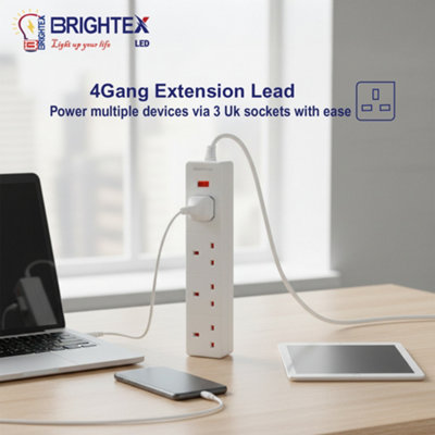 Heavy Duty 4 Gang Extension Lead 3m UK Plug Power Strip Wall Mountable ...