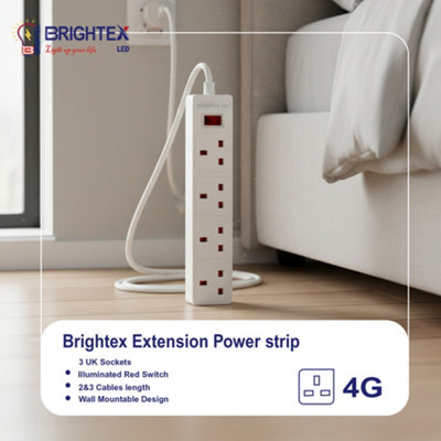 Heavy Duty 4 Gang Extension Lead 3m UK Plug Power Strip Wall Mountable ...