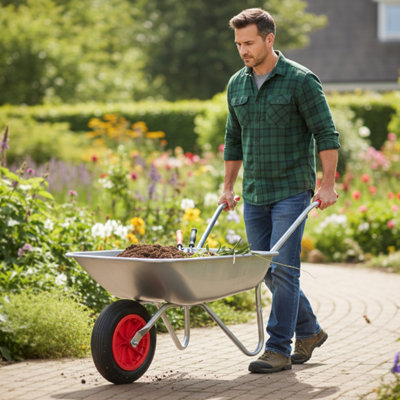 Heavy Duty 65L Galvanised Metal Wheelbarrow Home Garden Cart with PU Wheel