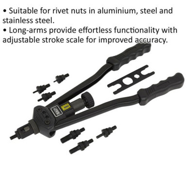 Heavy Duty Adjustable Long Arm Riveter for Rivet Nuts - 410mm Reach Tool