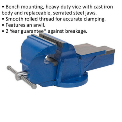 Heavy Duty Bench Mountable Fixed Base Vice - 200mm Jaw Opening - Cast Iron