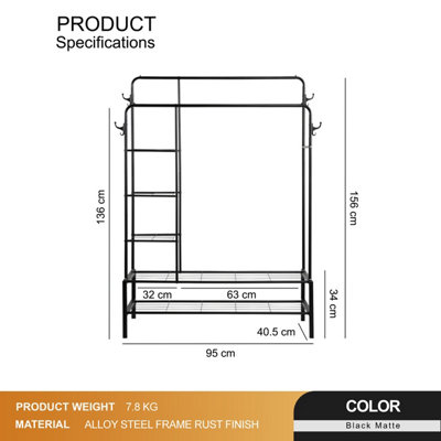 Heavy Duty Clothes Rail, Strong & Sturdy 130KG Metal Black With Shoe ...