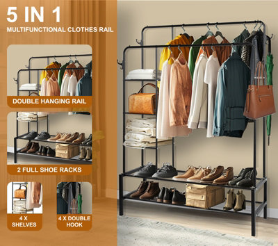 Heavy Duty Clothes Rail, Strong & Sturdy 130KG Metal Black With Shoe ...
