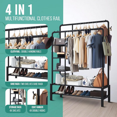 Heavy Duty Dual Metal Clothes Rail Stand with Shelves Hanging Storage ...