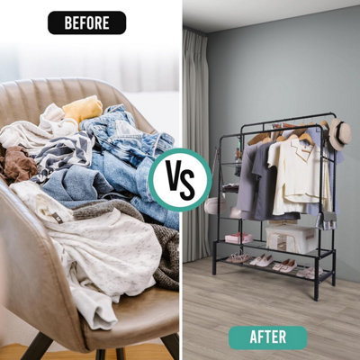 Heavy Duty Dual Metal Clothes Rail Stand with Shelves Hanging Storage ...
