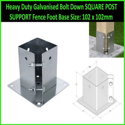 Heavy Duty Galvanised Bolt Down SQUARE POST SUPPORT Fence Foot Base ...