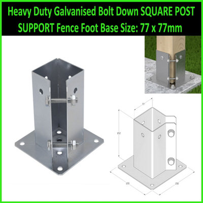 Heavy Duty Galvanised Bolt Down SQUARE POST SUPPORT Fence Foot Base 77x77mm